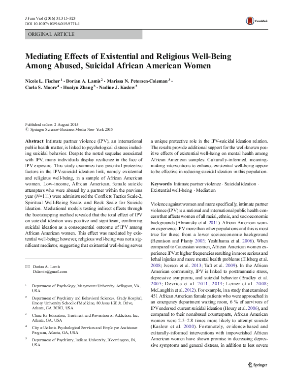(PDF) Mediating Effects of Existential and Religious Well-Being Among Abused, Suicidal African ...