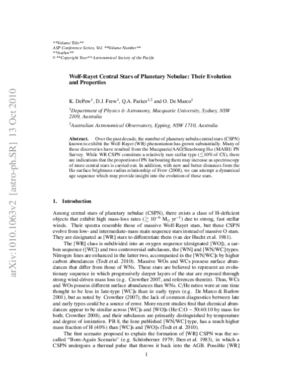 (PDF) Wolf-Rayet Central Stars of Planetary Nebulae: Their Evolution ...