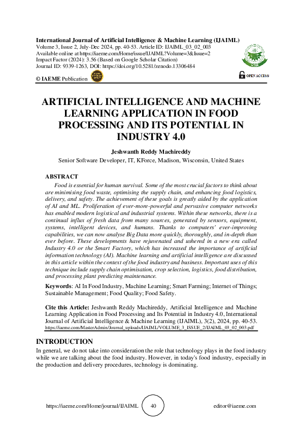 (PDF) ARTIFICIAL INTELLIGENCE AND MACHINE LEARNING APPLICATION IN FOOD PROCESSING AND ITS ...