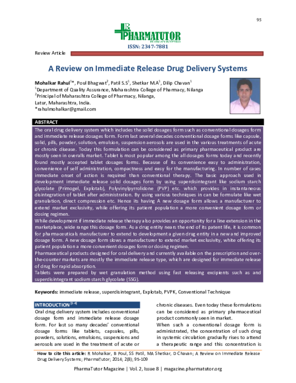 (PDF) A Review on Immediate Release Drug Delivery Systems