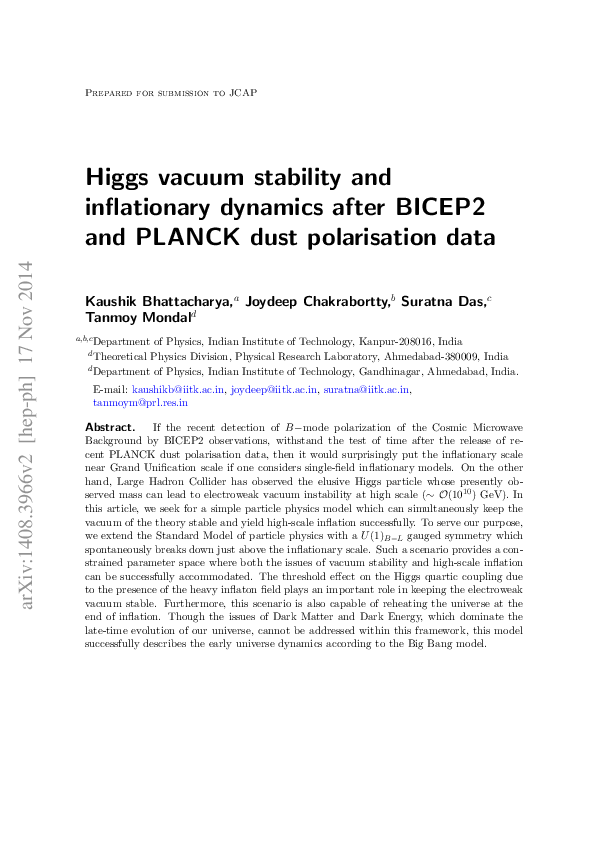 (PDF) Higgs vacuum stability and inflationary dynamics after BICEP2 and PLANCK dust polarisation ...