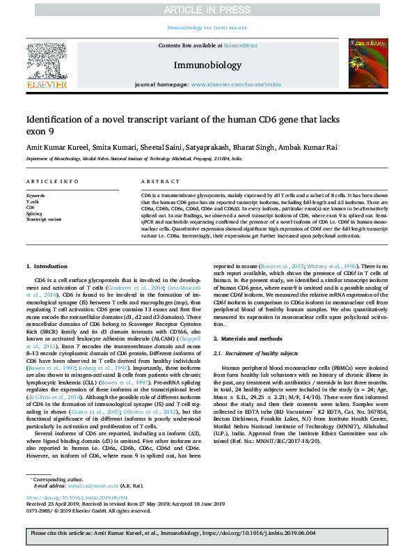 (PDF) Identification of a novel transcript variant of the human CD6 gene that lacks exon 9
