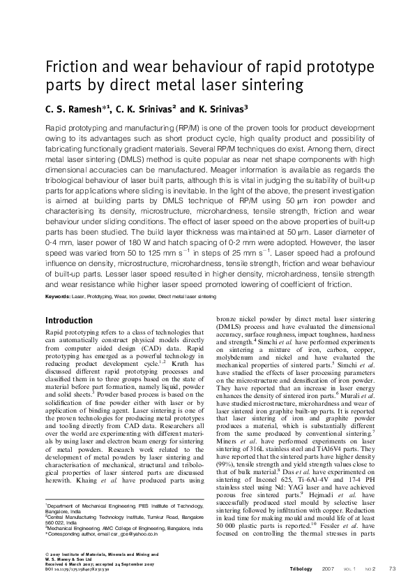 (PDF) Friction and wear behaviour of rapid prototype parts by direct metal laser sintering