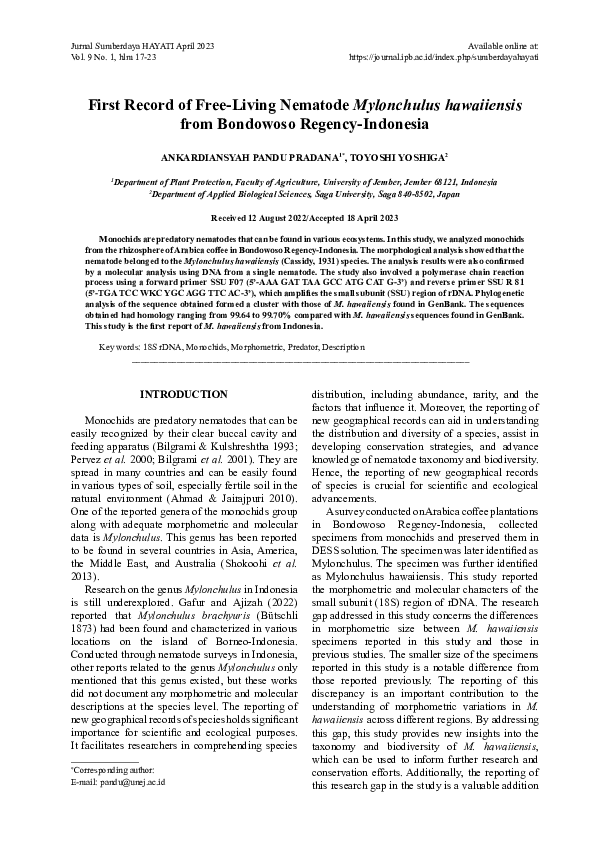 (PDF) First Record of Free-Living Nematode Mylonchulus hawaiiensis from ...