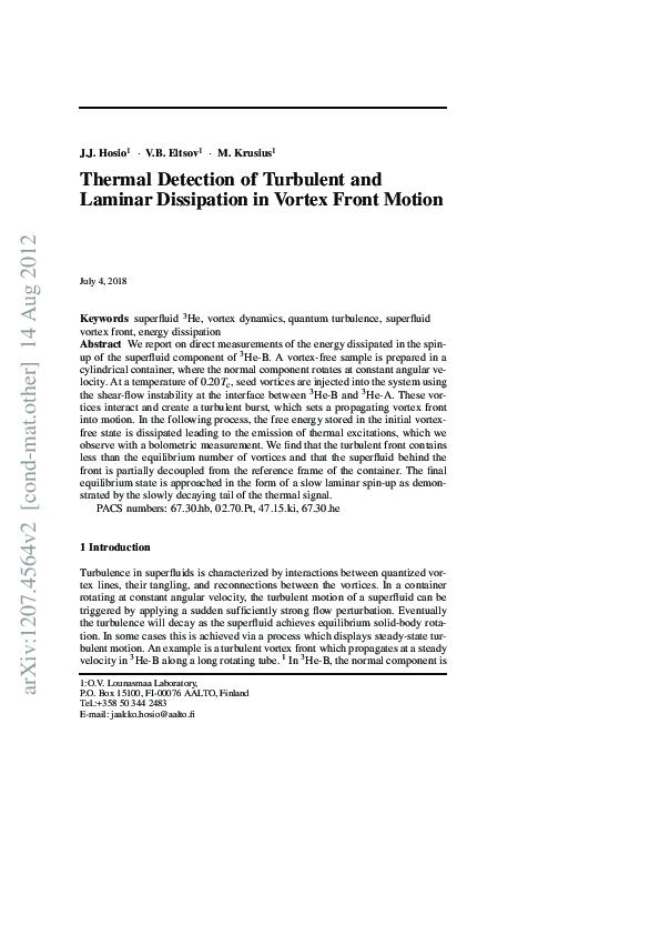 Thermal Detection of Turbulent and Laminar Dissipation in Vortex Front ...