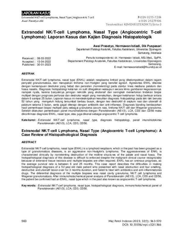 (PDF) Extranodal NK/T-cell Lymphoma, Nasal Type (Angiocentric T-cell Lymphoma): A Case Review of ...