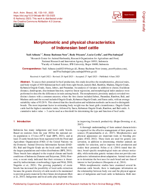 (PDF) Morphometric and physical characteristics of Indonesian beef cattle