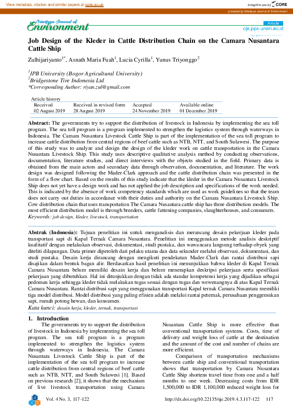 (PDF) Job Design of the Kleder in Cattle Distribution Chain on the ...
