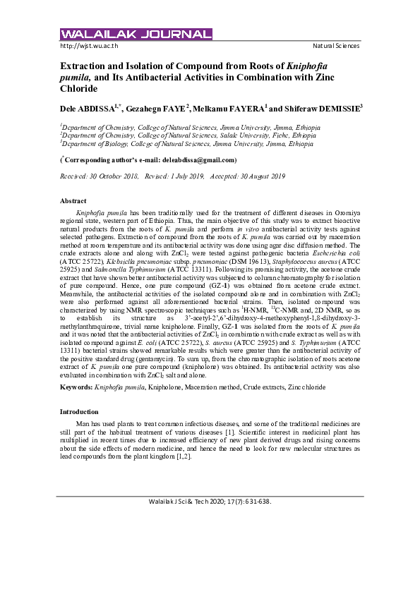 (PDF) Extraction and Isolation of Compound from Roots of Kniphofia ...