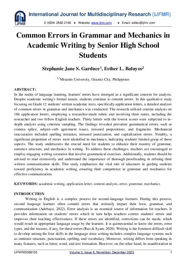 (PDF) Common Errors in Grammar and Mechanics in Academic Writing by ...