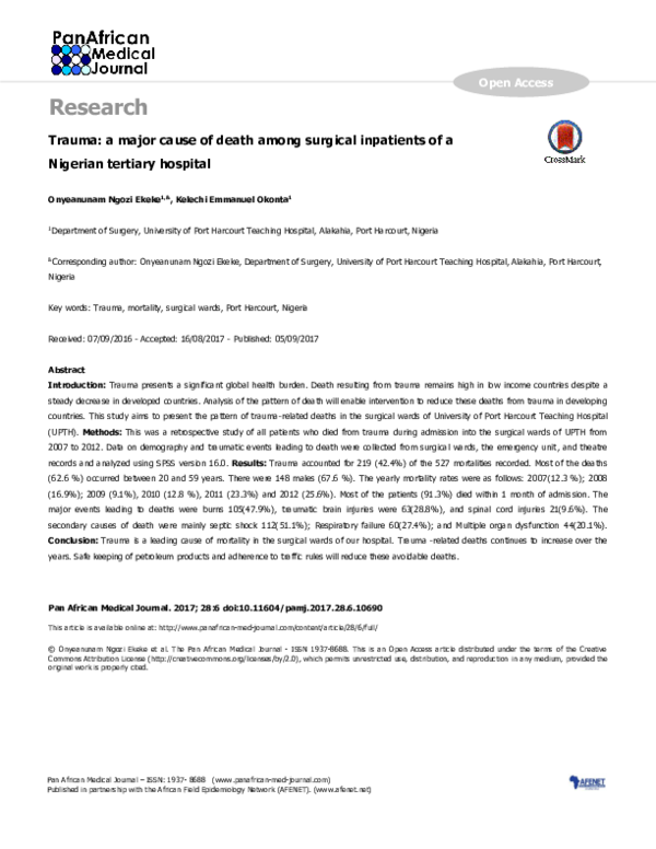 (PDF) Trauma: a major cause of death among surgical inpatients of a ...