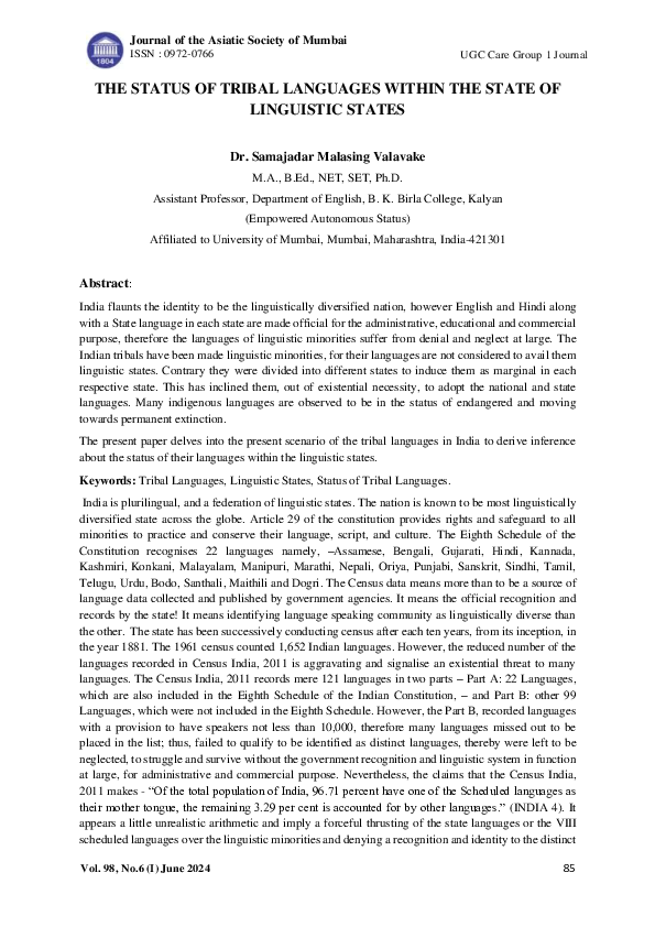 (PDF) THE STATUS OF TRIBAL LANGUAGES WITHIN THE STATE OF LINGUISTIC STATES