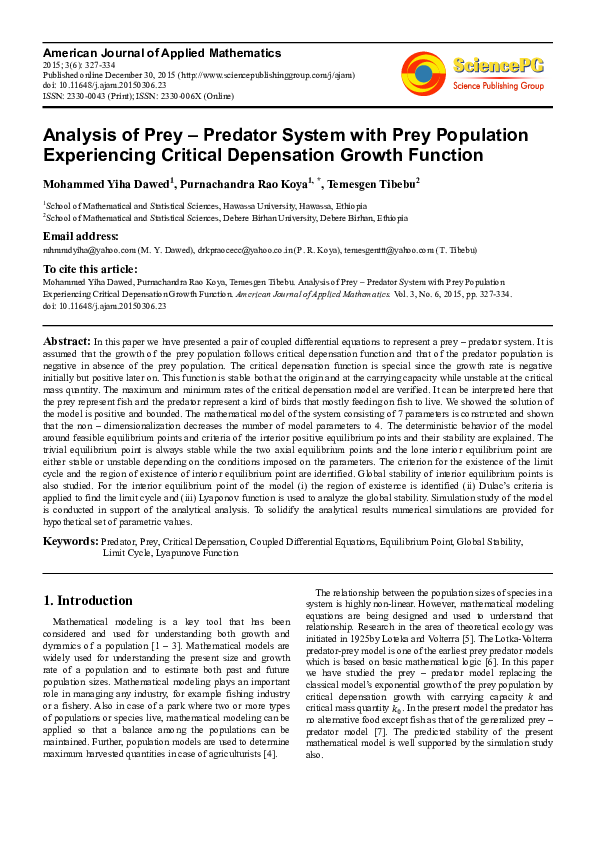 (PDF) Analysis of Prey – Predator System with Prey Population Experiencing Critical Depensation ...
