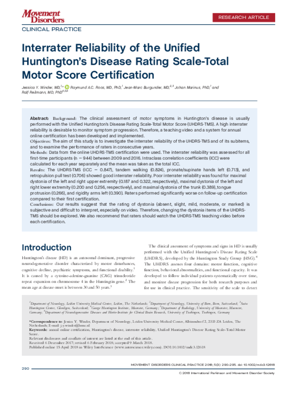 (PDF) Interrater Reliability of the Unified Huntington's Disease Rating ...