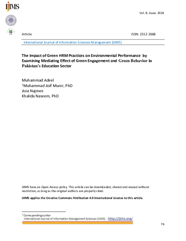 (PDF) The Impact of Green HRM Practices on Environmental Performance by Examining Mediating ...
