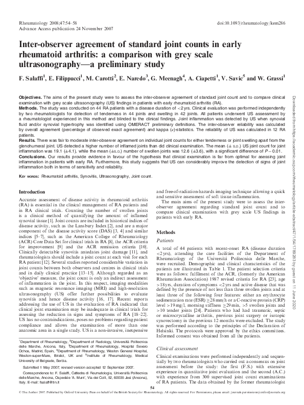 (PDF) Inter-observer agreement of standard joint counts in early rheumatoid arthritis: a ...
