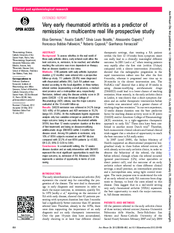 Pdf Very Early Rheumatoid Arthritis As A Predictor Of Remission A 4901