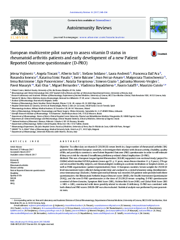 (PDF) European multicentre pilot survey to assess vitamin D status in rheumatoid arthritis ...