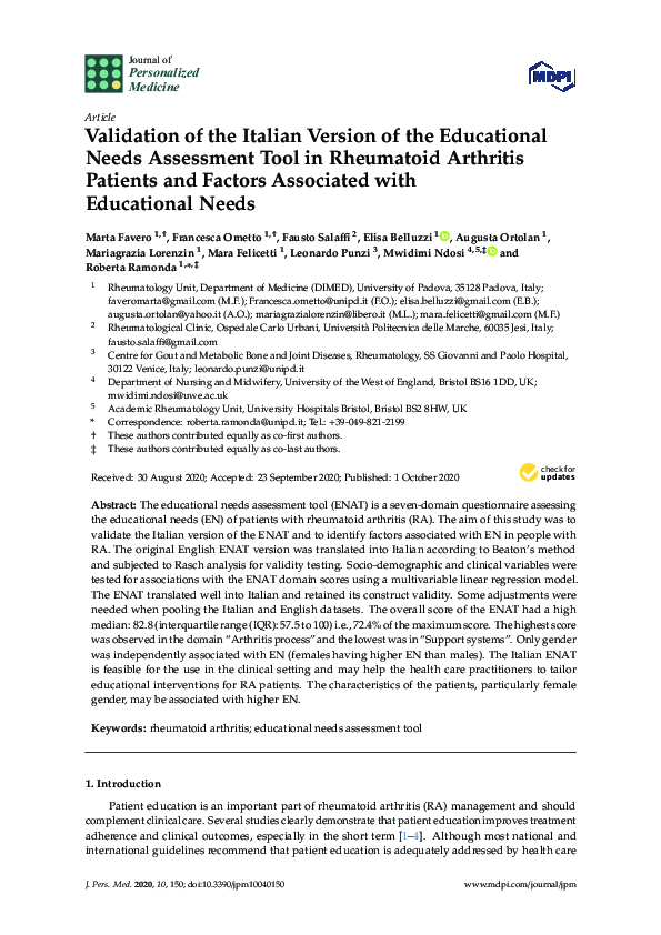 (PDF) Validation of the Italian Version of the Educational Needs Assessment Tool in Rheumatoid ...