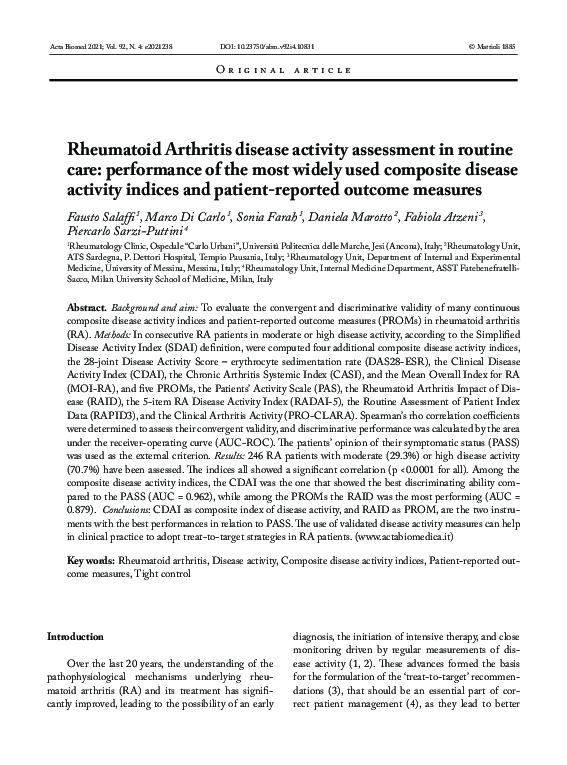 (PDF) Rheumatoid Arthritis disease activity assessment in routine care: performance of the most ...