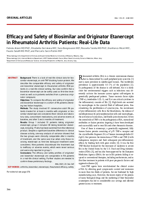 (PDF) Efficacy and Safety of Biosimilar and Originator Etanercept in Rheumatoid Arthritis ...