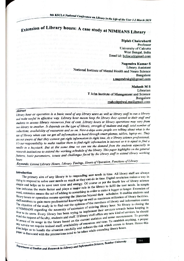(PDF) Extension of Library Hours: A Case Study at NIMHANS Library