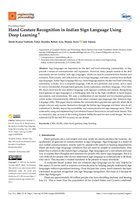 Pdf Hand Gesture Recognition In Indian Sign Language Using Deep Learning
