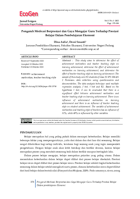 (PDF) Pengaruh Motivasi Berprestasi dan Gaya Mengajar Guru Terhadap Prestasi Belajar Dalam ...