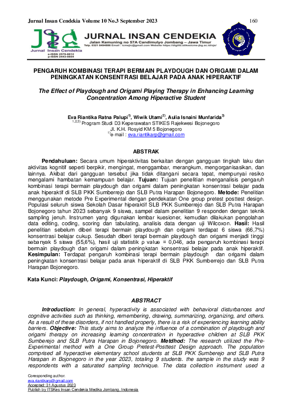 (PDF) Pengaruh Kombinasi Terapi Bermain Playdough Dan Origami Dalam Peningkatan Konsentrasi ...