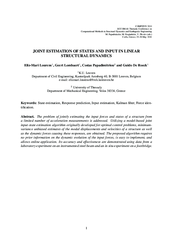 (PDF) Joint estimation of states and input in linear structural dynamics