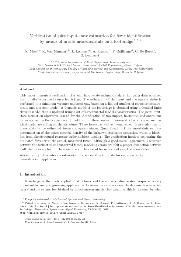 Pdf Verification Of Joint Input State Estimation For Force Identification By Means Of In Situ