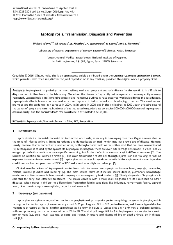 (PDF) Leptospirosis: Transmission, Diagnosis and Prevention