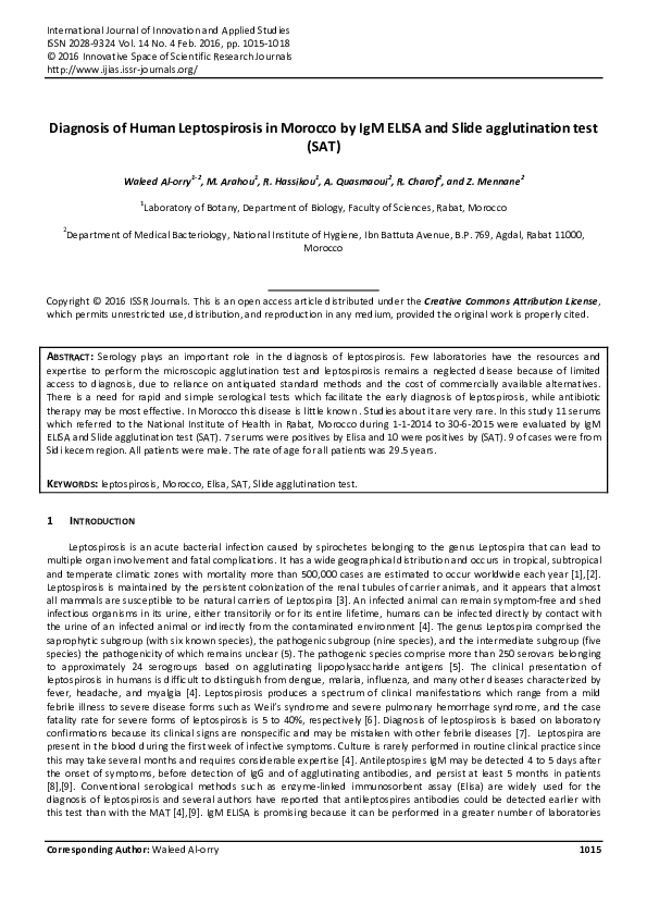 (PDF) Diagnosis of Human Leptospirosis in Morocco by IgM ELISA and ...