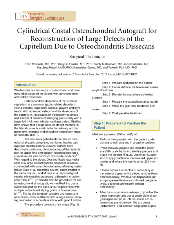 (PDF) Cylindrical Costal Osteochondral Autograft for Reconstruction of Large Defects of the ...
