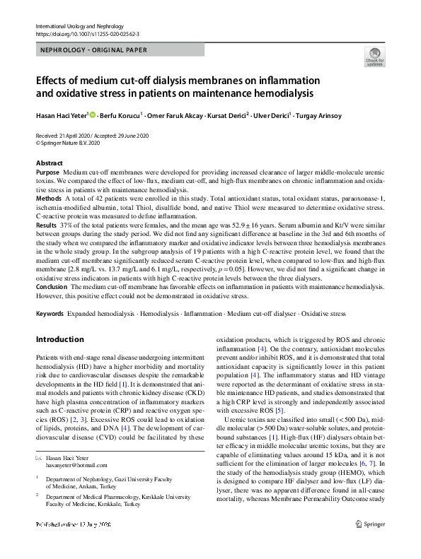 (PDF) Effects of medium cut-off dialysis membranes on inflammation and ...