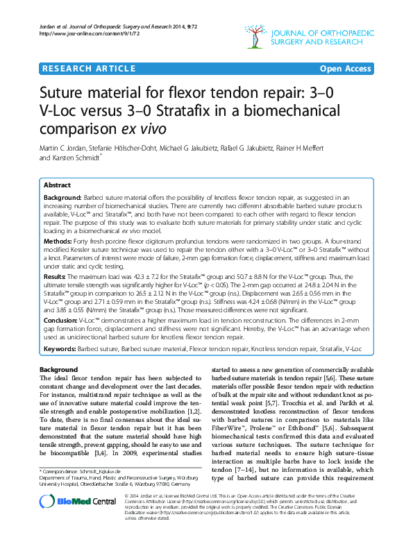 (PDF) Suture material for flexor tendon repair: 3-0 V-Loc versus 3-0 ...