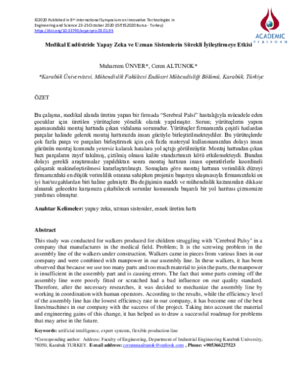 (PDF) Medikal Endüstride Yapay Zeka ve Uzman Sistemlerin Sürekli İyileştirmeye Etkisi