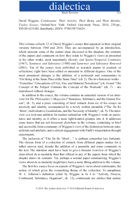 (PDF) David Wiggins. Continuants. Their Activity, Their Being and Their ...