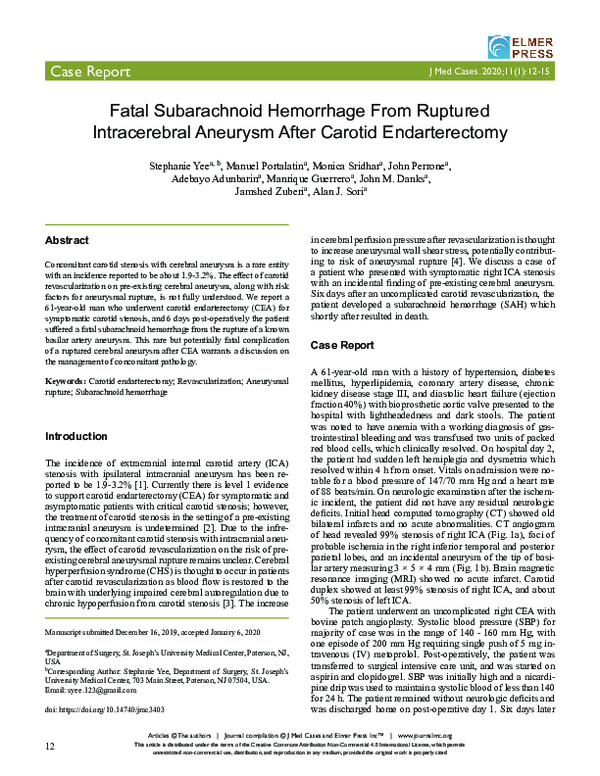 (PDF) Fatal Subarachnoid Hemorrhage From Ruptured Intracerebral Aneurysm After Carotid ...