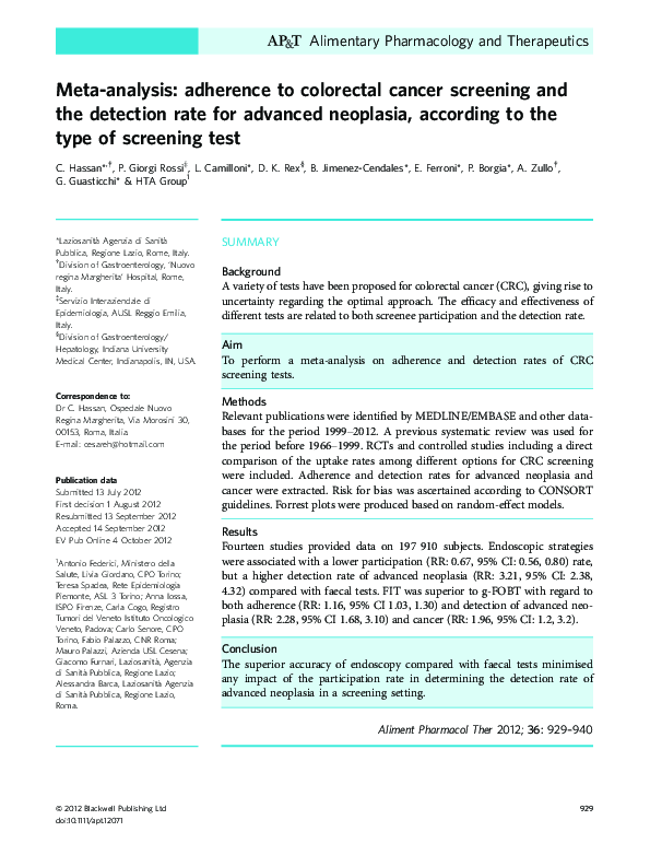 (PDF) Meta-analysis: adherence to colorectal cancer screening and the ...