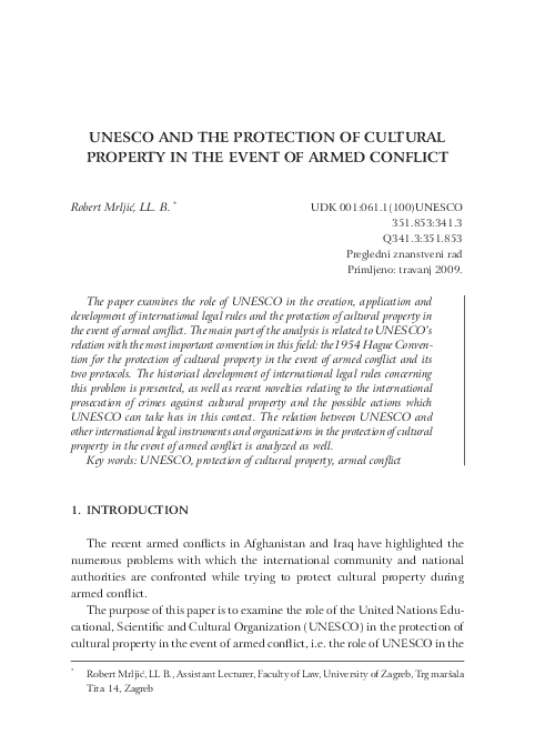 (PDF) UNESCO and the Protection of Cultural Property in the Event of ...
