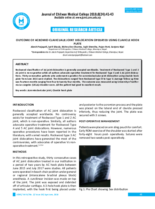 (PDF) Outcome of Acromio-Clavicular joint dislocation operated using ...