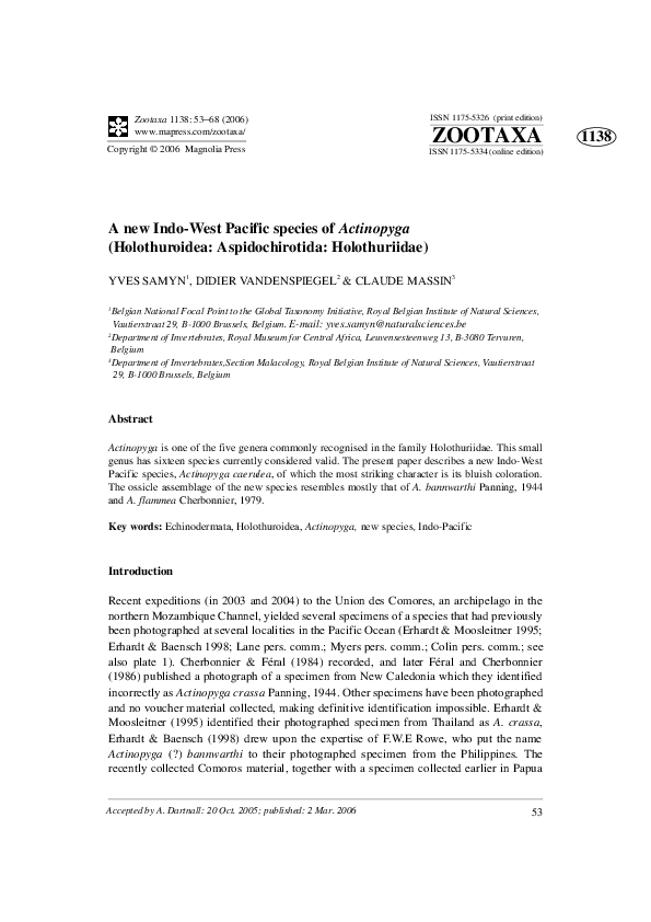 (PDF) A new Indo­West Pacific species of Actinopyga (Holothuroidea ...