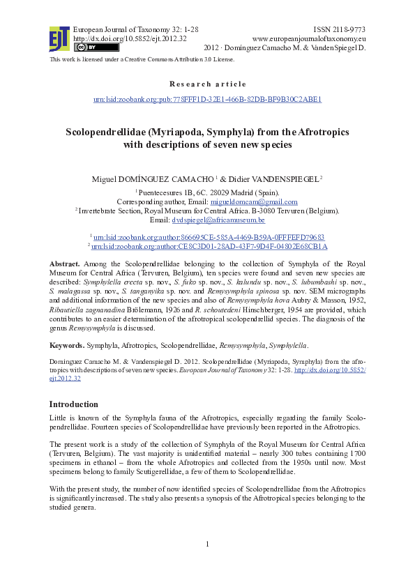 (PDF) Scolopendrellidae (Myriapoda, Symphyla) from the Afrotropics with ...