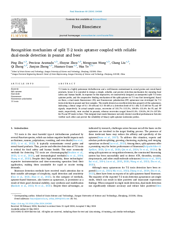 (PDF) Recognition mechanism of split T-2 toxin aptamer coupled with reliable dual-mode detection ...