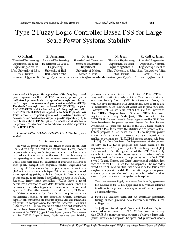 (PDF) Type-2 Fuzzy Logic Controller Based PSS for Large Scale Power Systems Stability