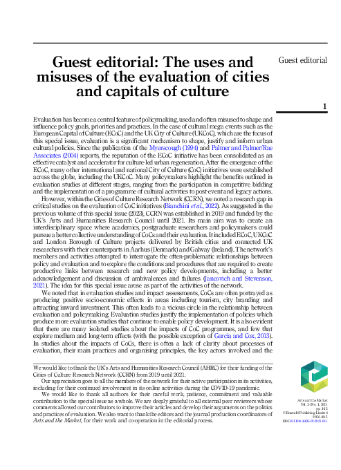 (PDF) Guest editorial: The uses and misuses of the evaluation of cities and capitals of culture