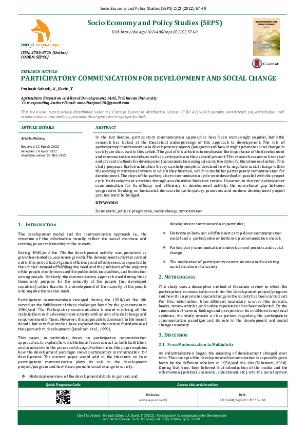 (PDF) PARTICIPATORY COMMUNICATION FOR DEVELOPMENT AND SOCIAL CHANGE