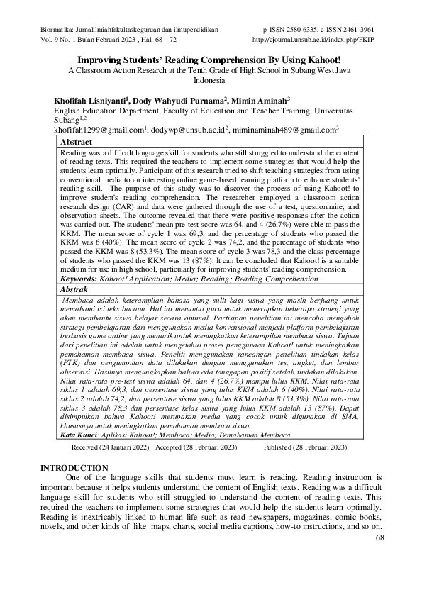 (PDF) Improving Students' Reading Comprehension by Using Kahoot!