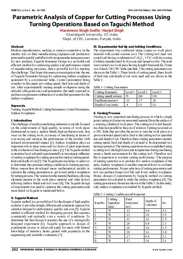(PDF) Parametric Analysis of Copper for Cutting Processes Using Turning Operations Based on ...